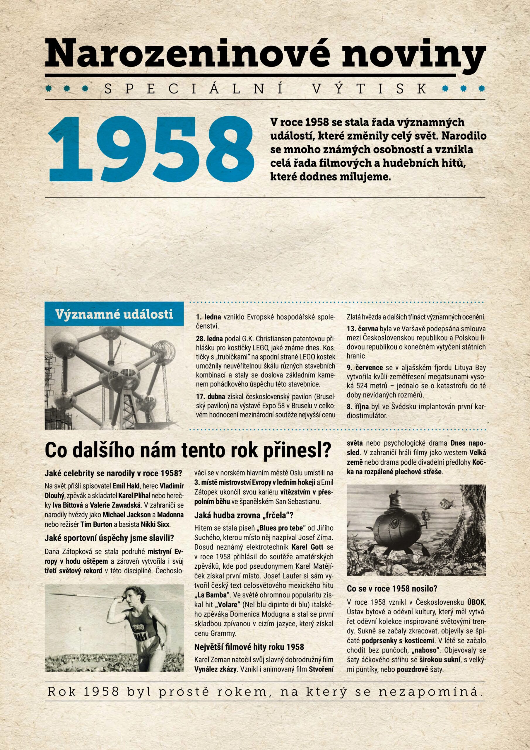 Narozeninové noviny 1958 s vlastní fotografií a textem, S textem ...