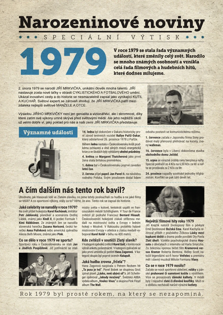 Narozeninové noviny 1979 s vlastní fotografií a textem, S fotografií a ...